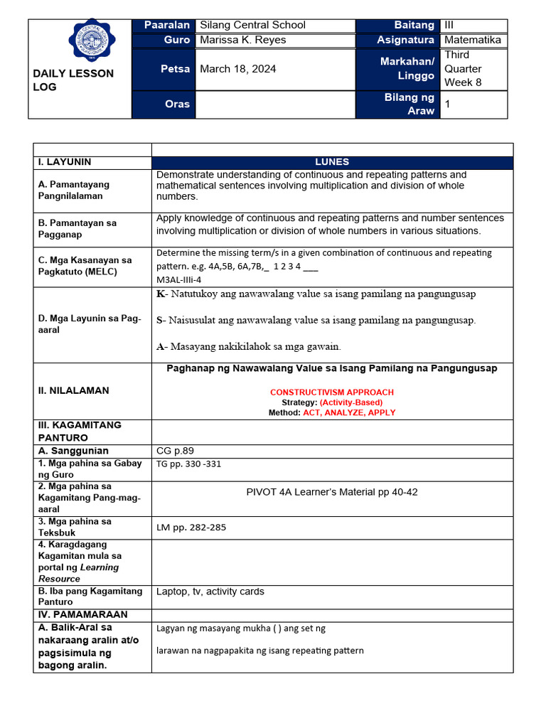 Q3 DLL Math Week8 Monday | PDF