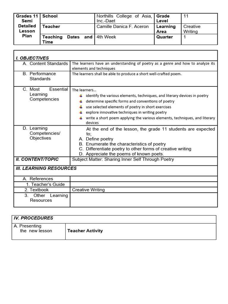 Creative Writing 4th Week | PDF | Poetry | Learning