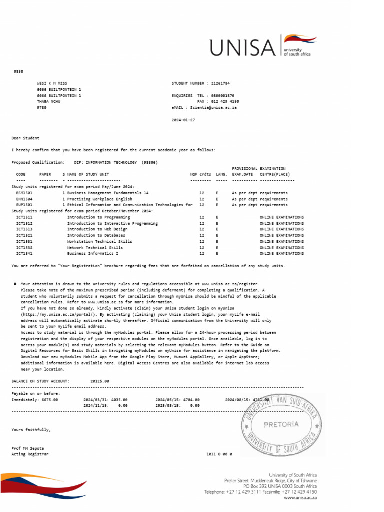 UNISA Registration Confirmation 2024 | PDF | Cyberspace | Information ...