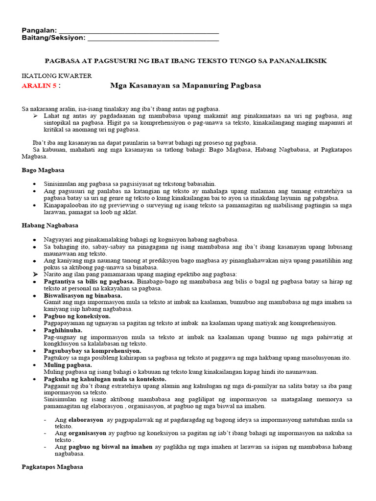 Q3 PAGBASA AT PAGSUSURI Aralin 5 6 | PDF