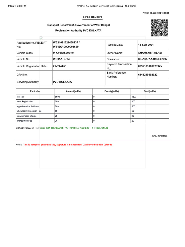 Vahan 4.0 E-Fee Receipt Details | PDF | Receipt | Money