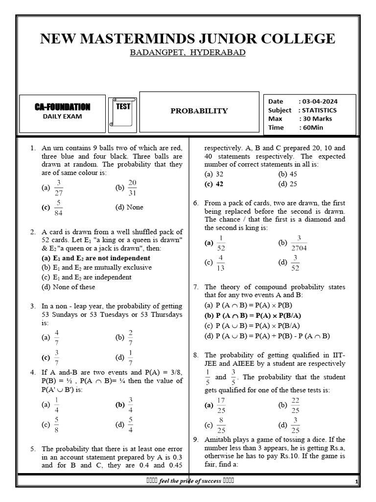 18.probability 3-4-2024 | PDF | Probability | Odds