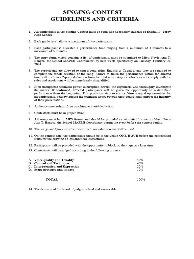 Singing Contest Guidelines and Criteria | PDF | Justice | Crime & Violence