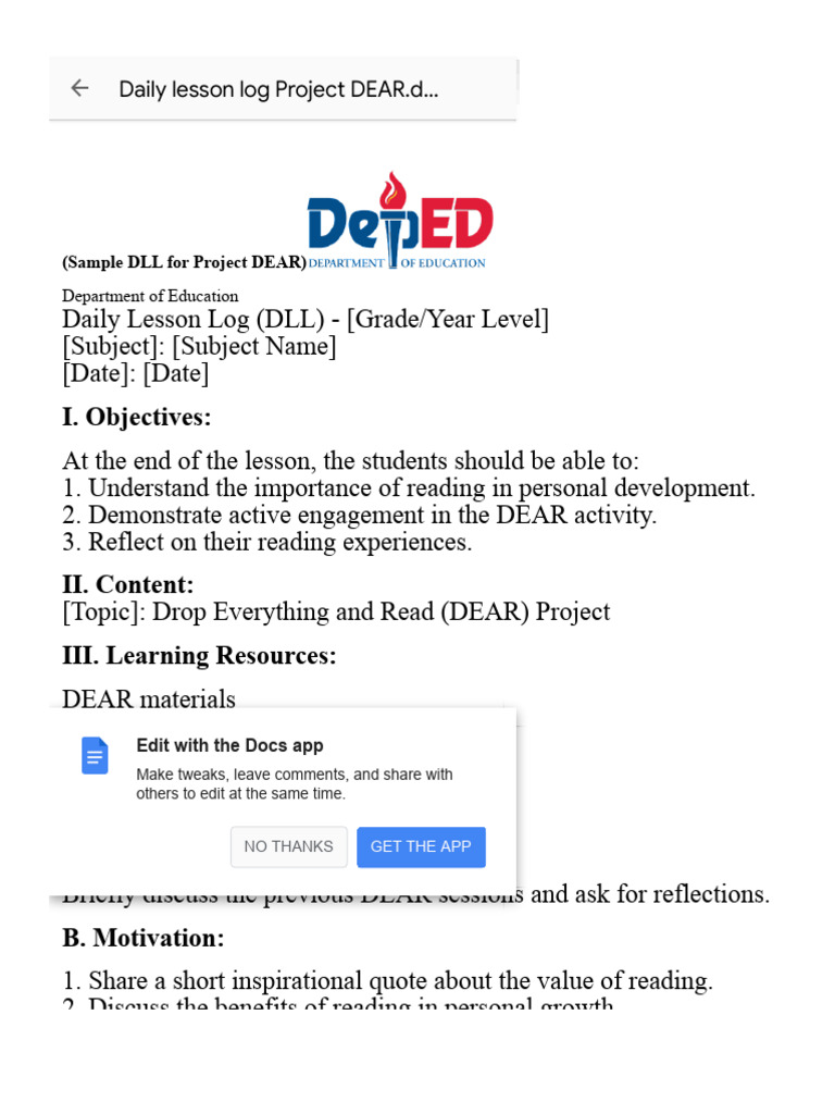Daily Lesson Log Project DEAR | PDF