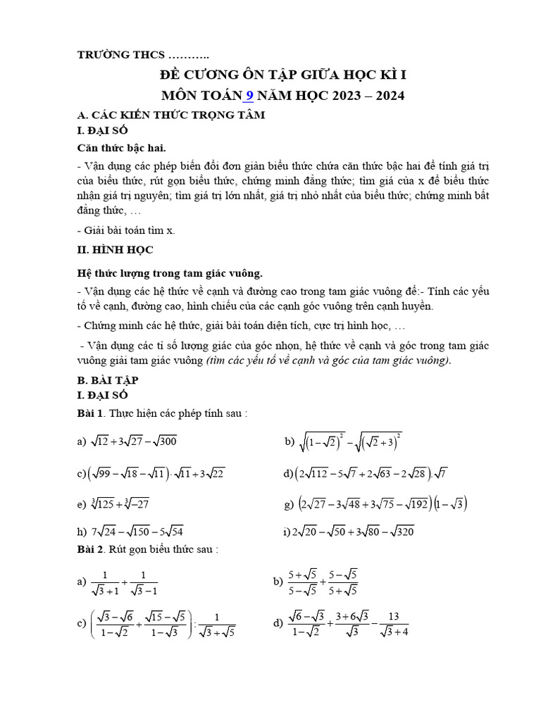 De Cuong On Tap Giua Ki 1 Toan 9 | PDF