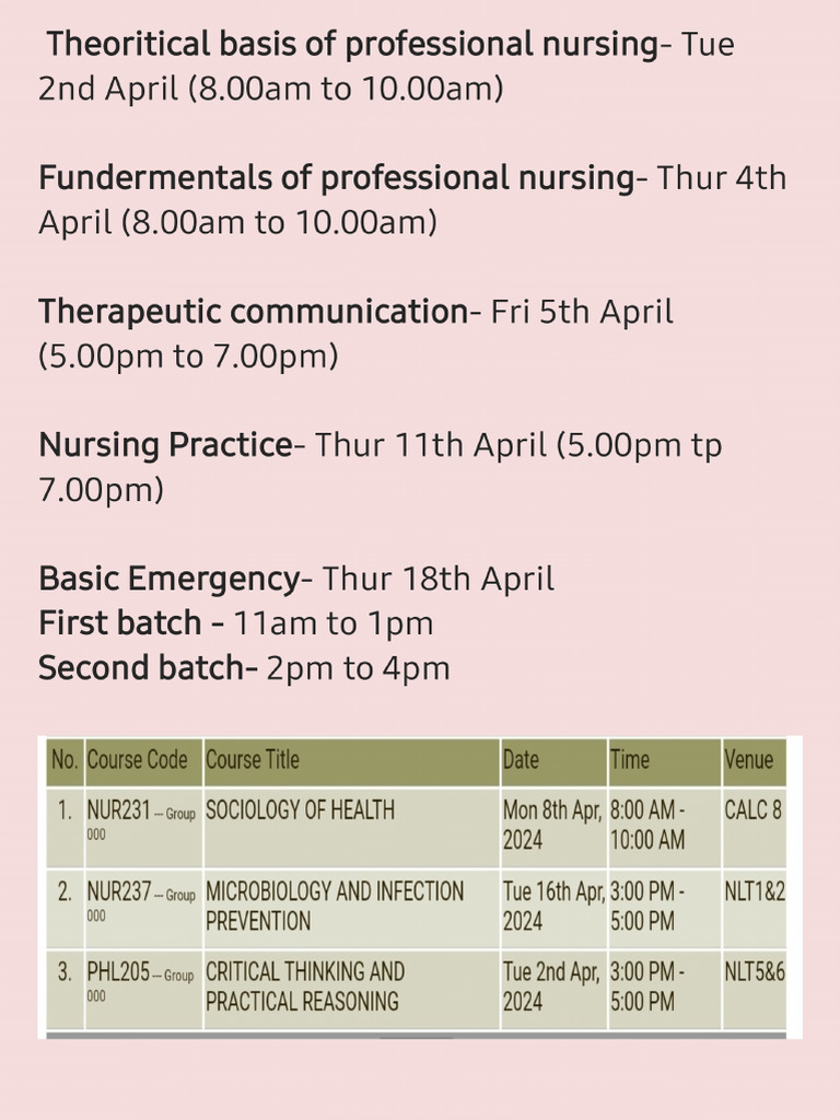 Nursing Level 200 First Semester Timetable | PDF