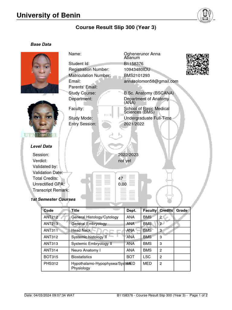 Course Result Slip | Download Free PDF | Anatomy | Health Care