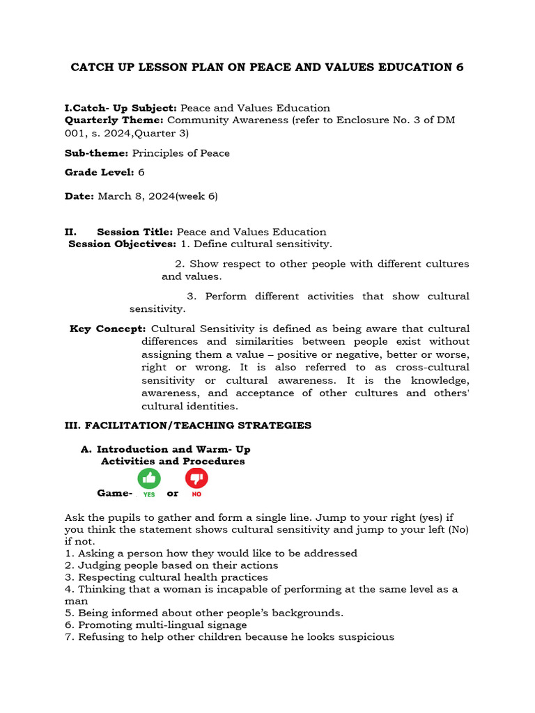 Catch Up Lesson Plan on Peace and Values Education 6 (Esa) | PDF | Human Communication | Cognition
