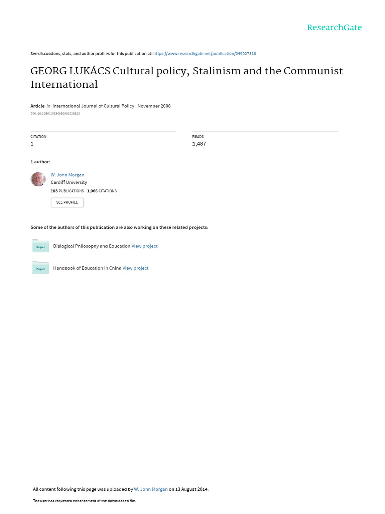 GEORG LUKACS Cultural Policy Stalinism and The Com | PDF | Communism ...