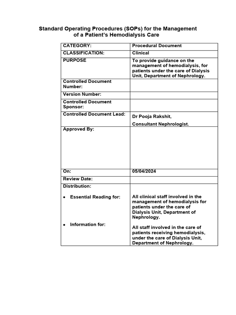 SOP Patient Haemodialysis Care | PDF | Hemodialysis | Blood Transfusion