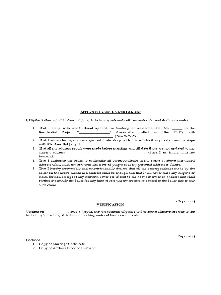 AFFIDAVIT CUM UNDERTAKING Address Proof Wife | PDF