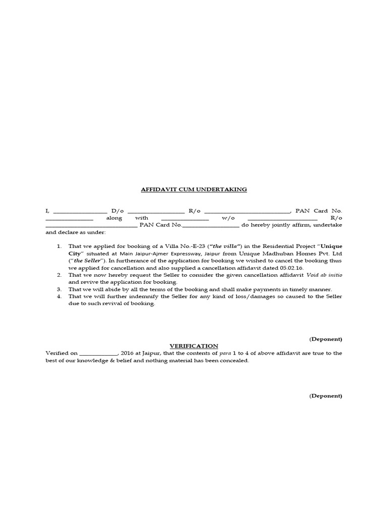 AFFIDAVIT CUM UNDERTAKING against cancellation affidavit | PDF AFFIDAVIT CUM UNDERTAKING against cancellation affidavit | PDF