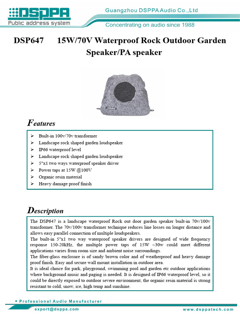 data-sheet-dsp647-15w-70v-waterproof-rock-outdoor-garden-speaker | PDF