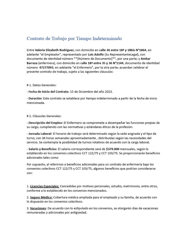 Contrato de Trabajo Enfermero Indeterminado | PDF | Derecho laboral ...