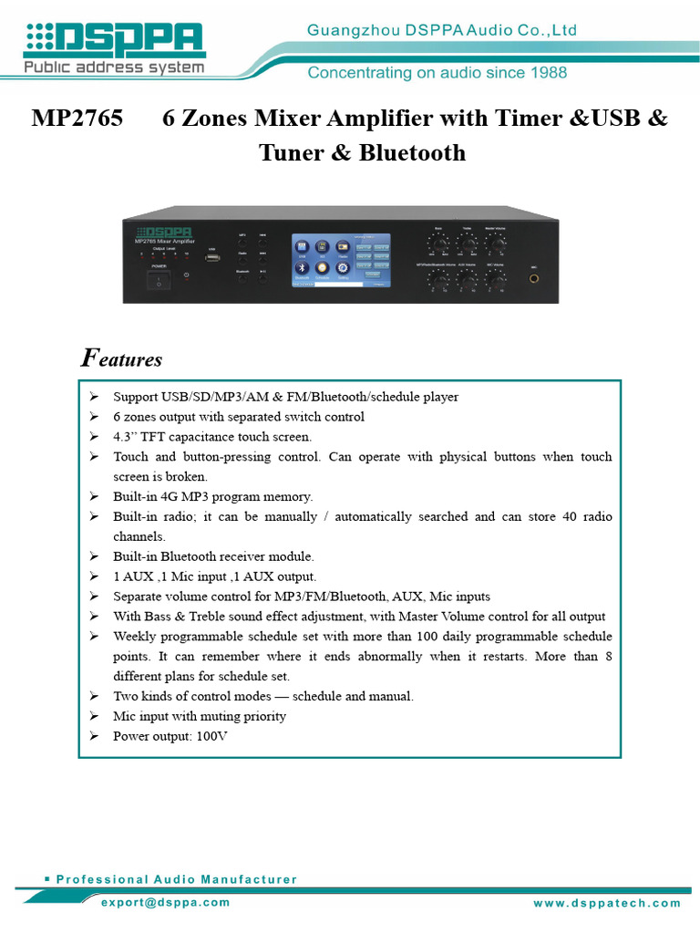 Data Sheet mp2765 6 Zones Mixer Amplifier With Timerusbtunerbluetooth ...