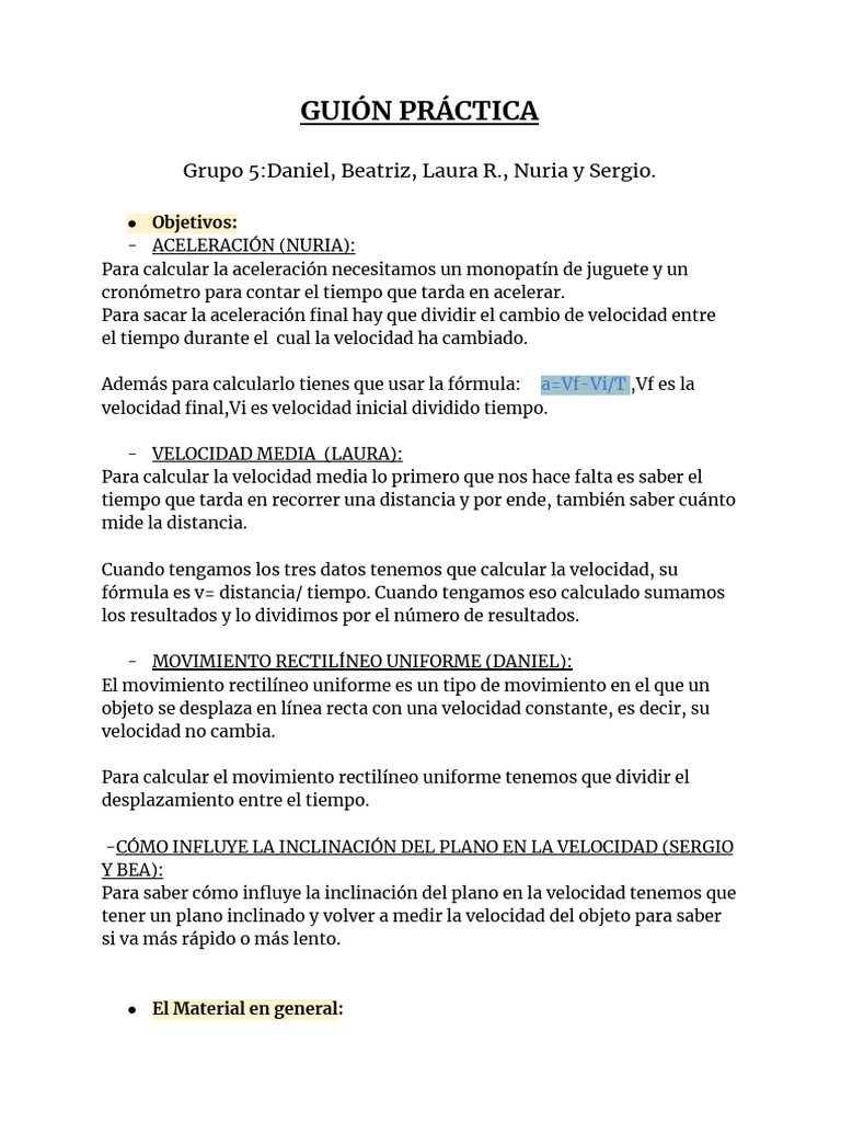 Guión Práctica (Grupo 5) | PDF | Velocidad | Aceleración