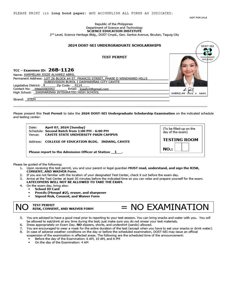 DOST-SEI Exam Permit for Karmelan Abril | PDF | Diseases And Disorders