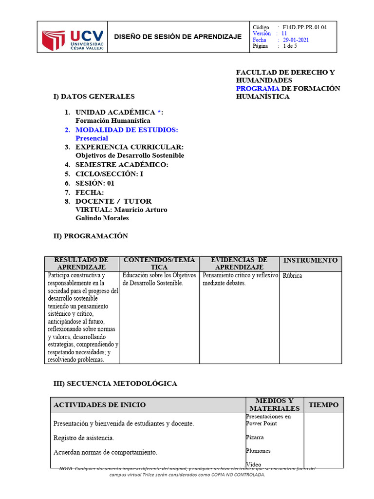 F14D-PP-PR-01.04 DISEÑO DE SESIÓN DE APRENDIZAJE - Mauricio Galindo Morales | PDF | Diseño ...