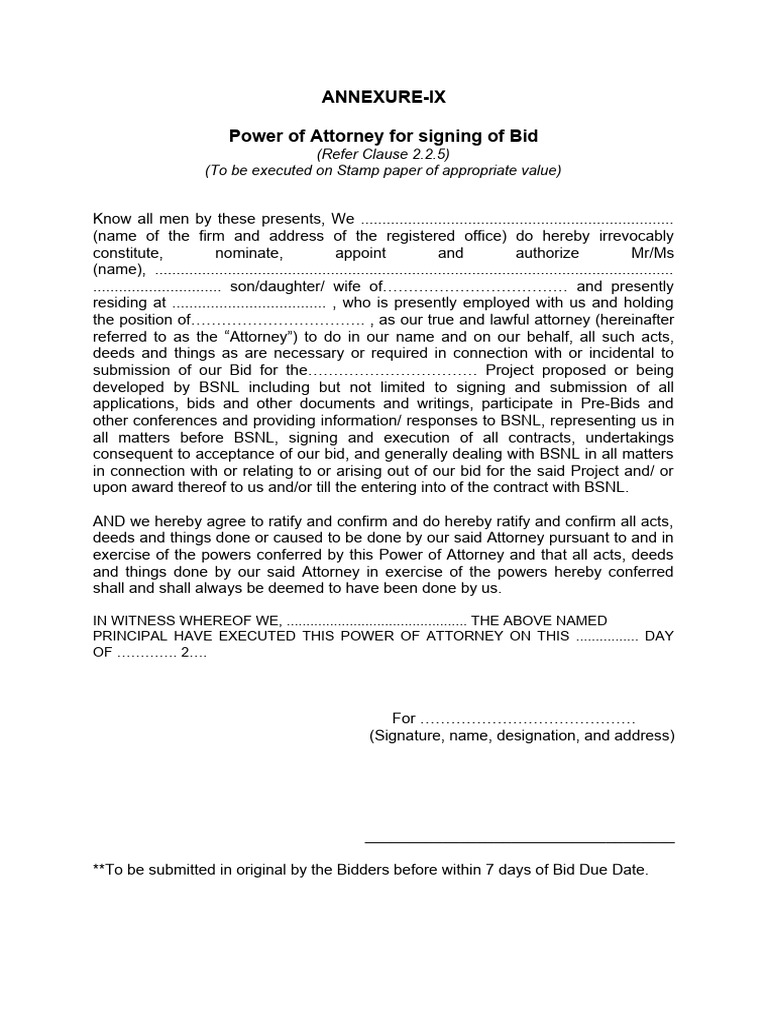 Annexure - IX - Power of Attorney For Signing of Bid | Download Free PDF | Power Of Attorney ...