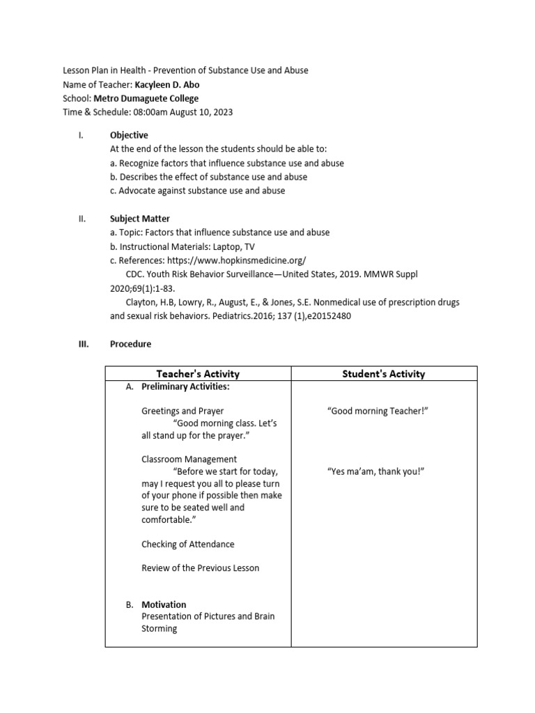 Lesson Plan in Health (MDC) | PDF | Substance Abuse | Teachers