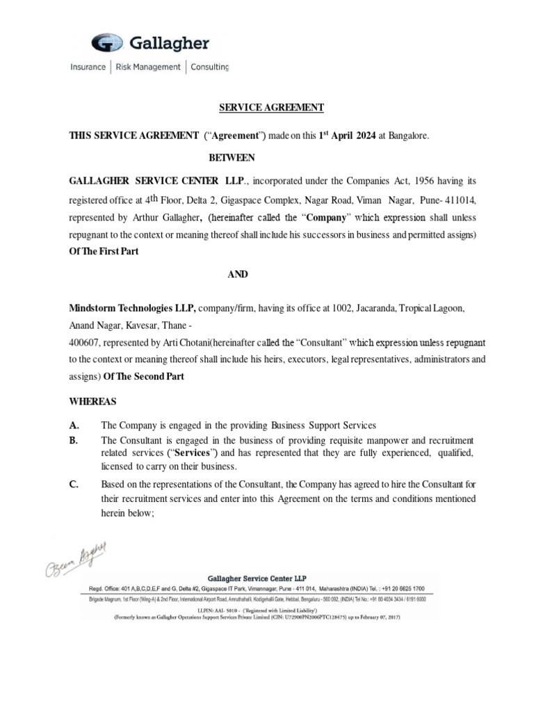 SERVICE AGREEMENT - Mindstorm Technologies LLP - 2024 | PDF | Indemnity ...