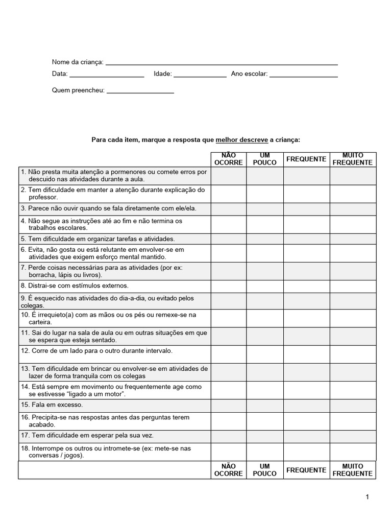 SNAP-IV Pais e Prof Instruções | Download grátis PDF | Transtorno de ...