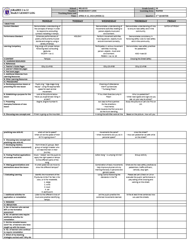 DLL - Mapeh 3 - Q4 - W2 | PDF | Learning | Teachers