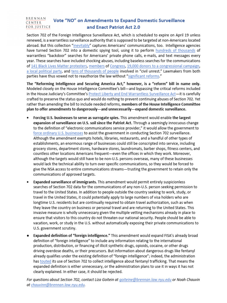 BCJ One-Pager On HPSCI Amendments 4-10-24 | PDF | Foreign Intelligence Surveillance Act ...