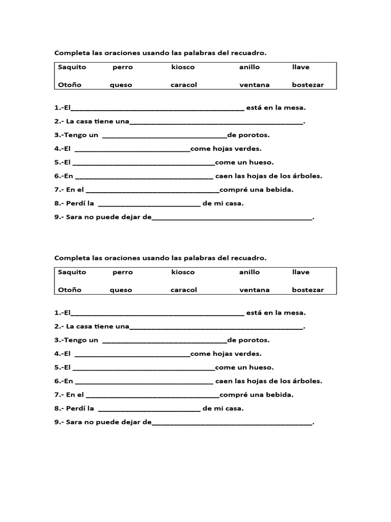 Completa las oraciones con el recuadro | PDF | Hogar, jardinería y ...