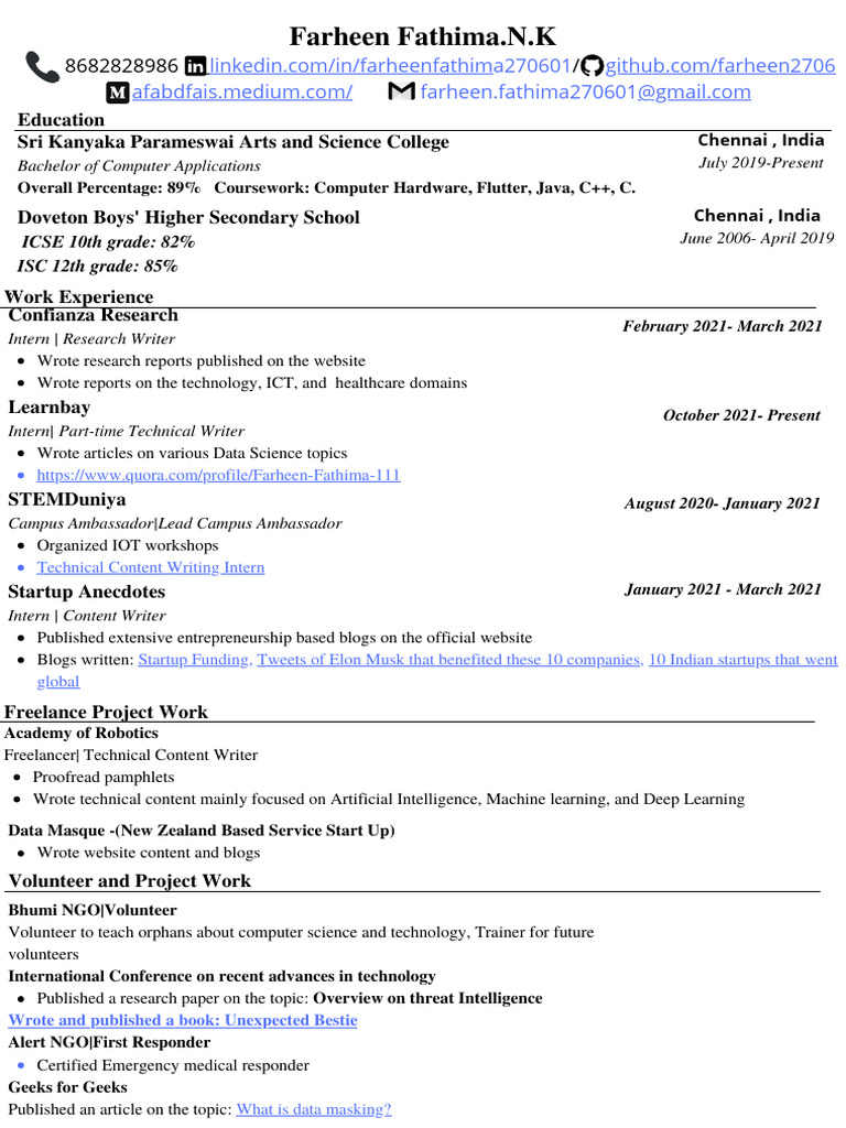 Farheen Fathima Resume | PDF | Computing | Computer Science