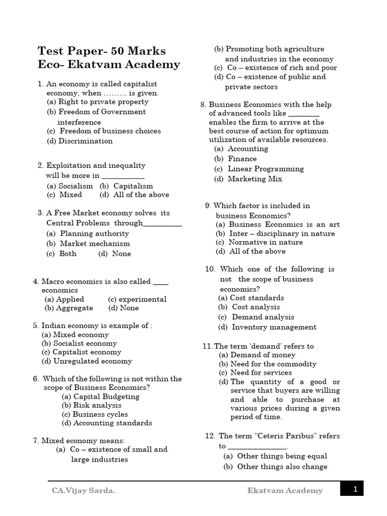 Economics MCQ Test Paper | PDF | Demand | Supply And Demand