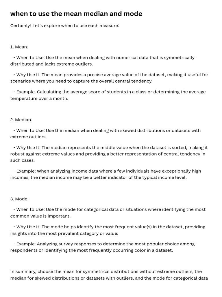 When To Use The Mean Median and Mode - 20240410 - 144012 - 0000 | PDF | Type I And Type Ii ...