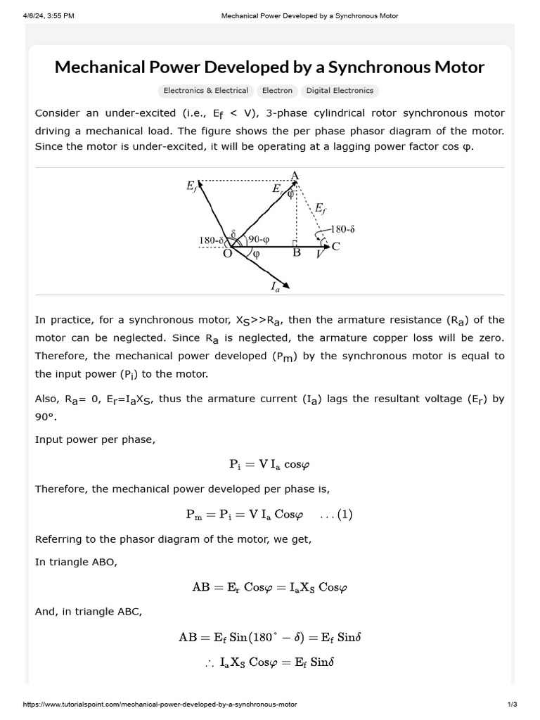 Mechanical Power in Synchronous Motors | PDF | Power (Physics ...