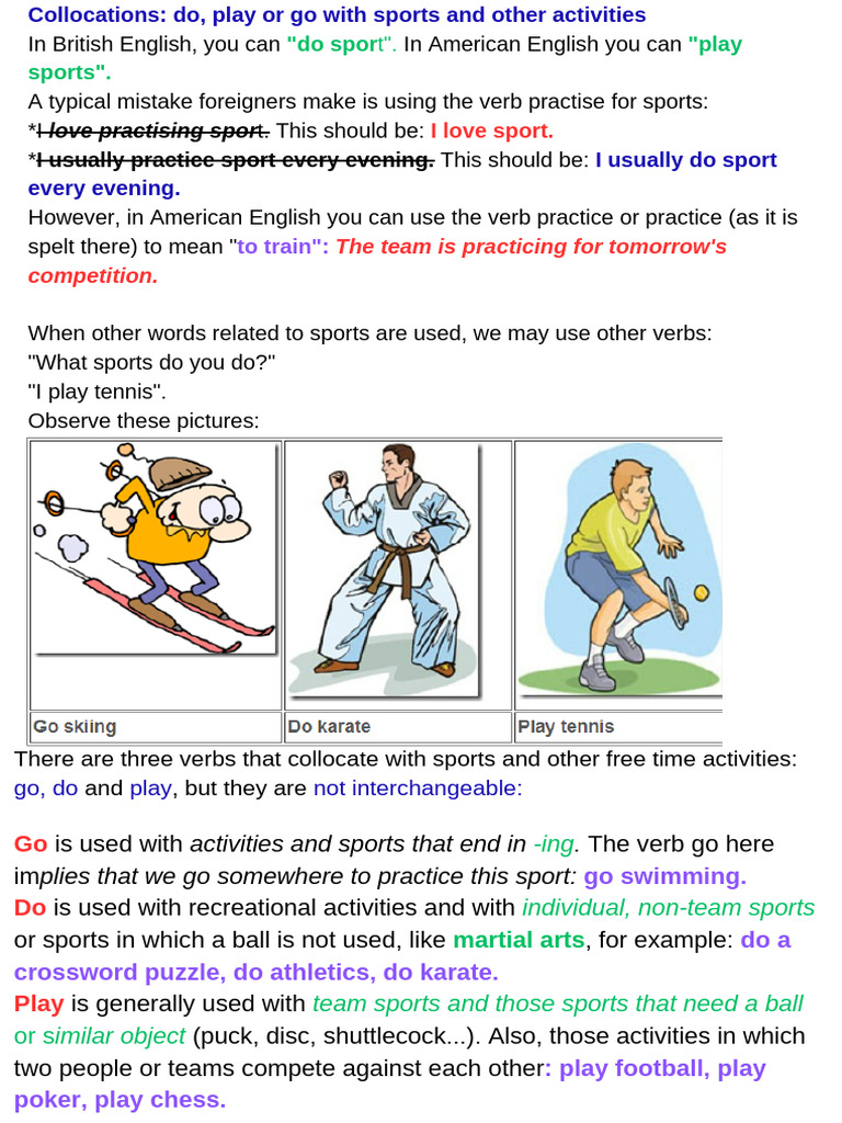 Collocations do, play or go with sports and other activities | PDF
