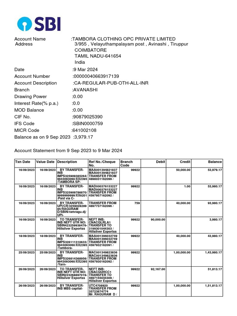 Sbi Nov To Mar 2024 | PDF | Debits And Credits | Companies Of Asia