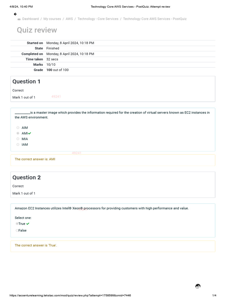 Technology Core AWS Services - PostQuiz - Attempt Review | PDF | Information Technology | Computing
