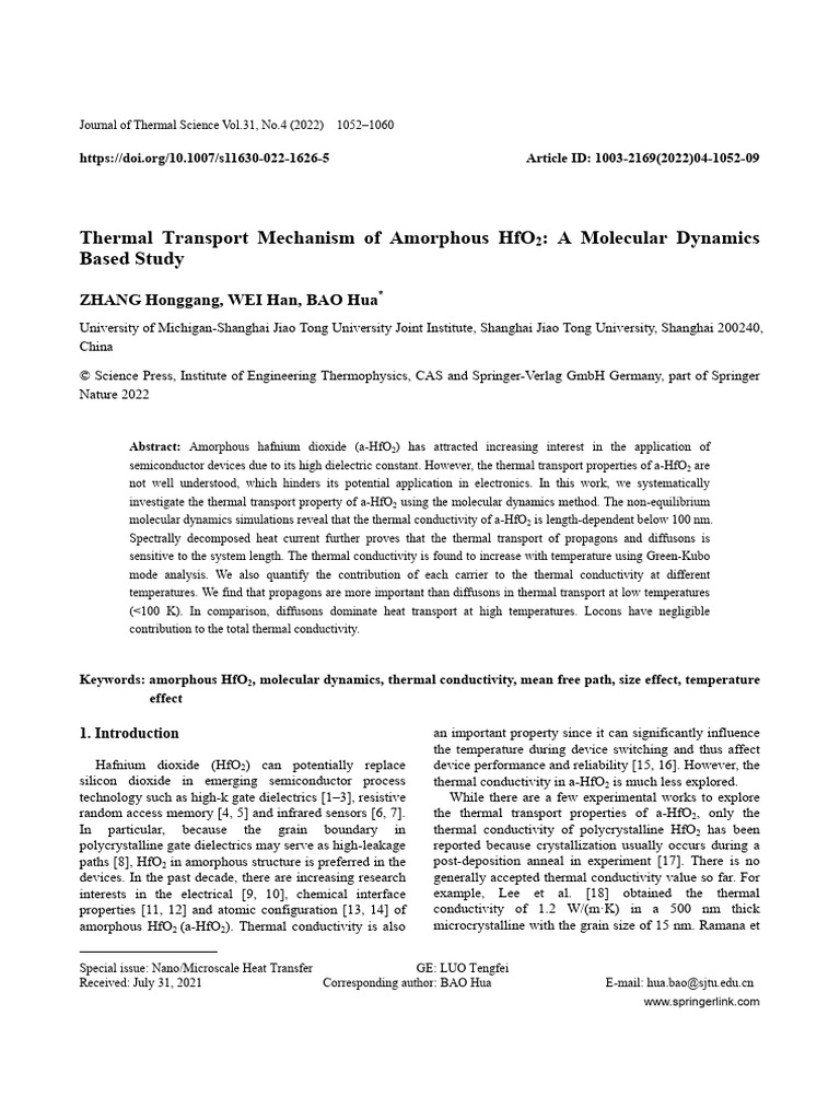 Thermal Transport Mechanism of Amorphous Hfo: A Molecular Dynamics ...