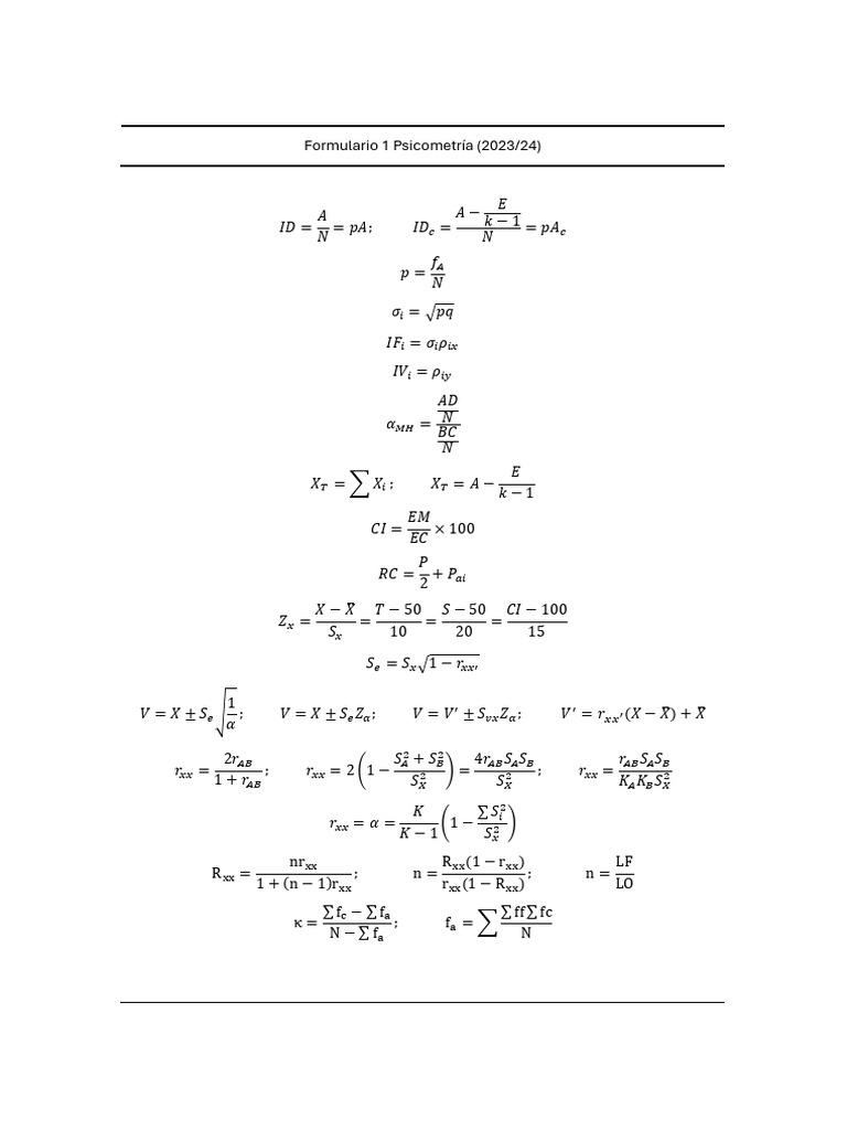 Psicometría: Fórmulas Clave | PDF