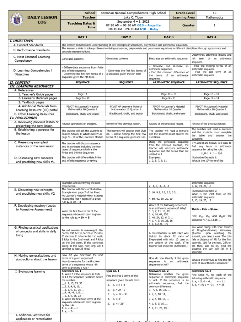 Grade 10 Math Lesson Plan: Sequences | PDF | Sequence | Arithmetic