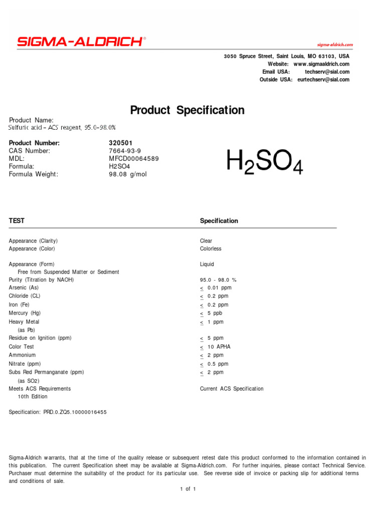Product Specs for H2SO4 (320501) | PDF | Chemistry