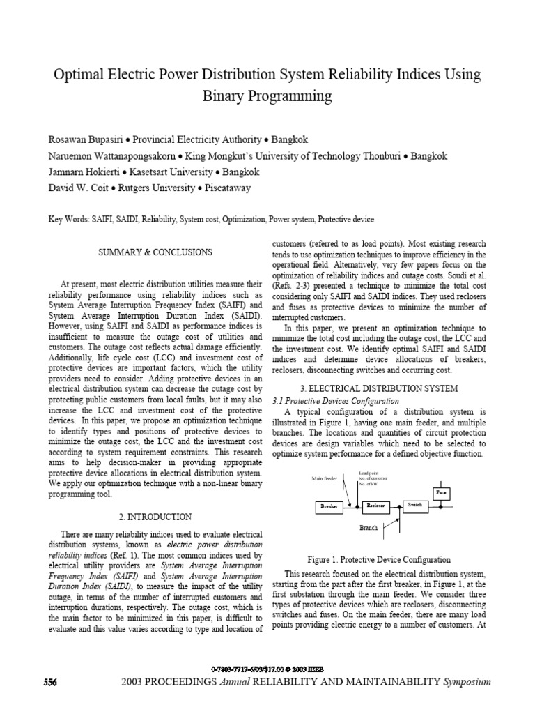 Optimal Electric Power Distribution System Reliability Indices Using Binary Programming. | PDF ...