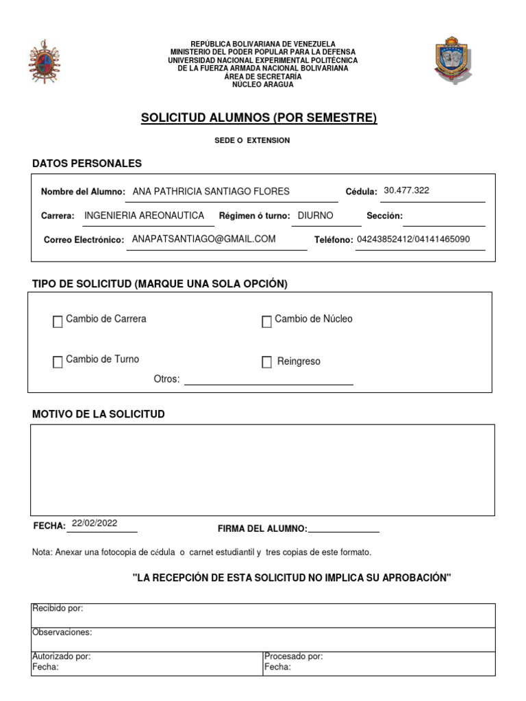 Solicitud Por Semestre Unefa Actual | PDF