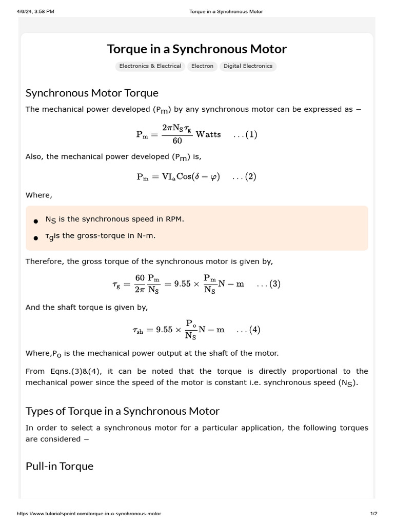 Synchronous Motor Torque Guide | PDF | Electric Motor | Magnetism