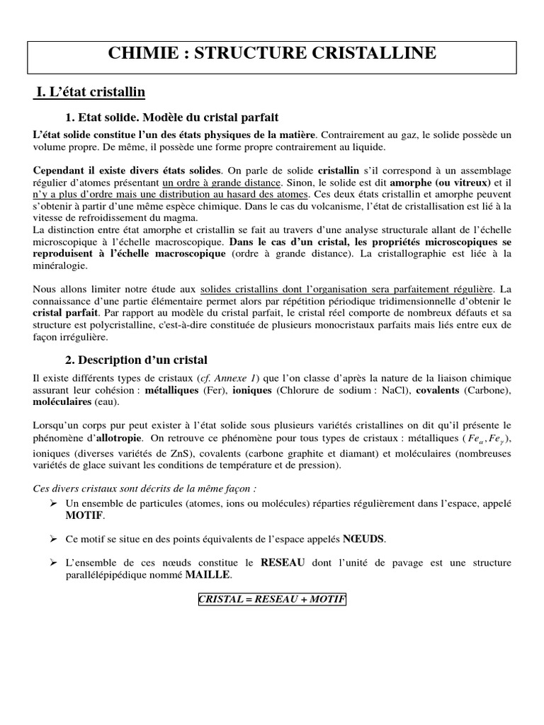 Chimie: Structure Cristalline: I. L'état Cristallin | PDF | Cristal ...
