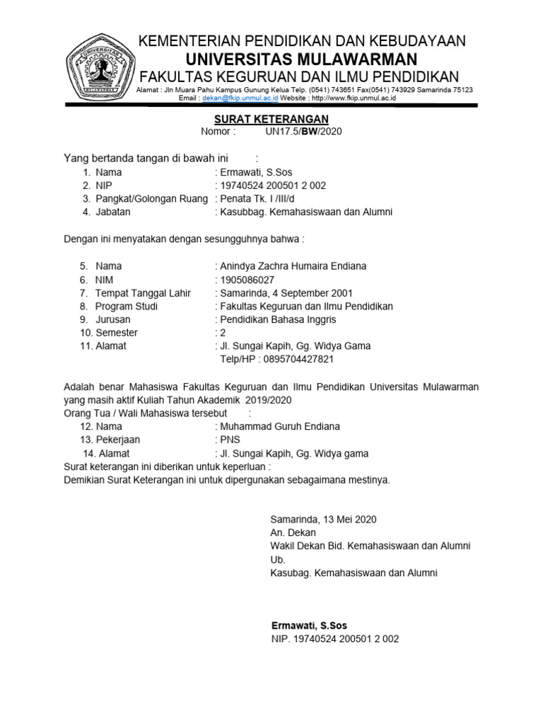 Surat Ket Aktif Kuliah Zahra | PDF