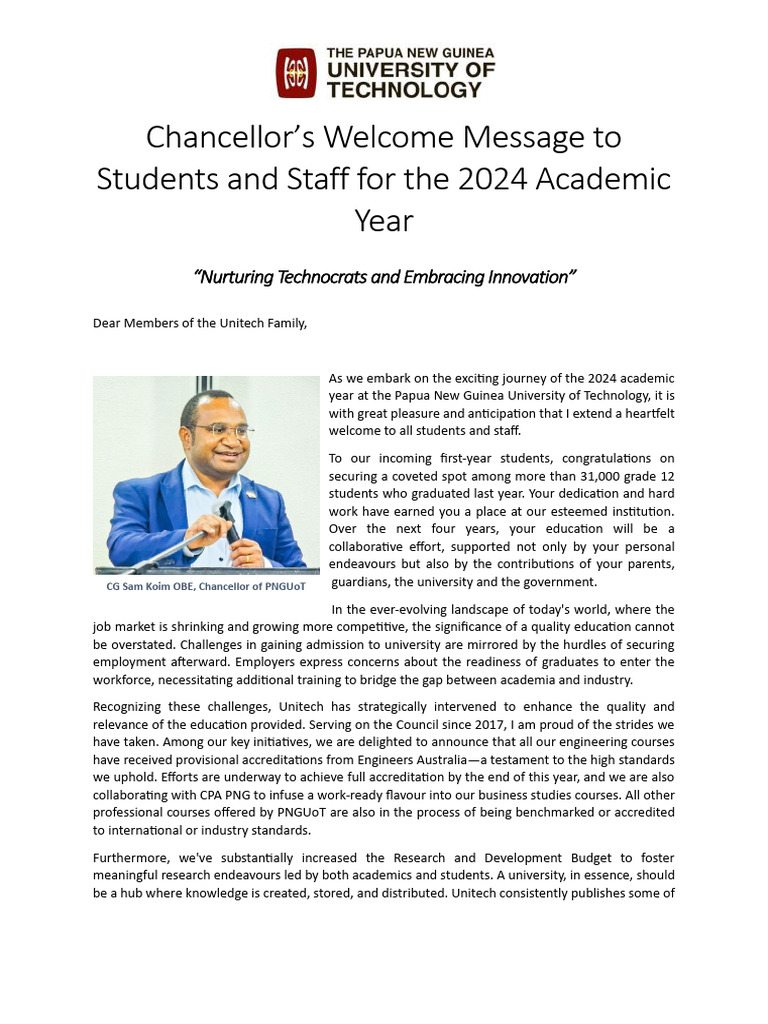 Chancellor's Message To Students and Staff Re 2024 Signed | PDF