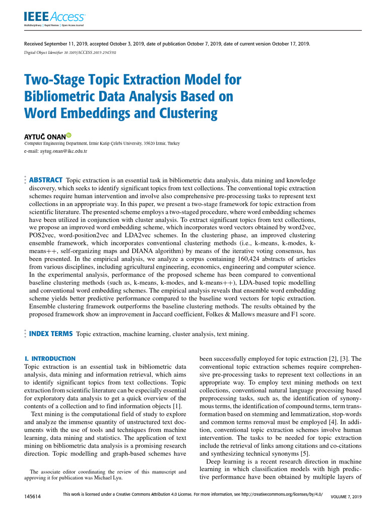 Two-Stage Topic Extraction Model For Bibliometric Data Analysis Based On Word Embeddings and ...
