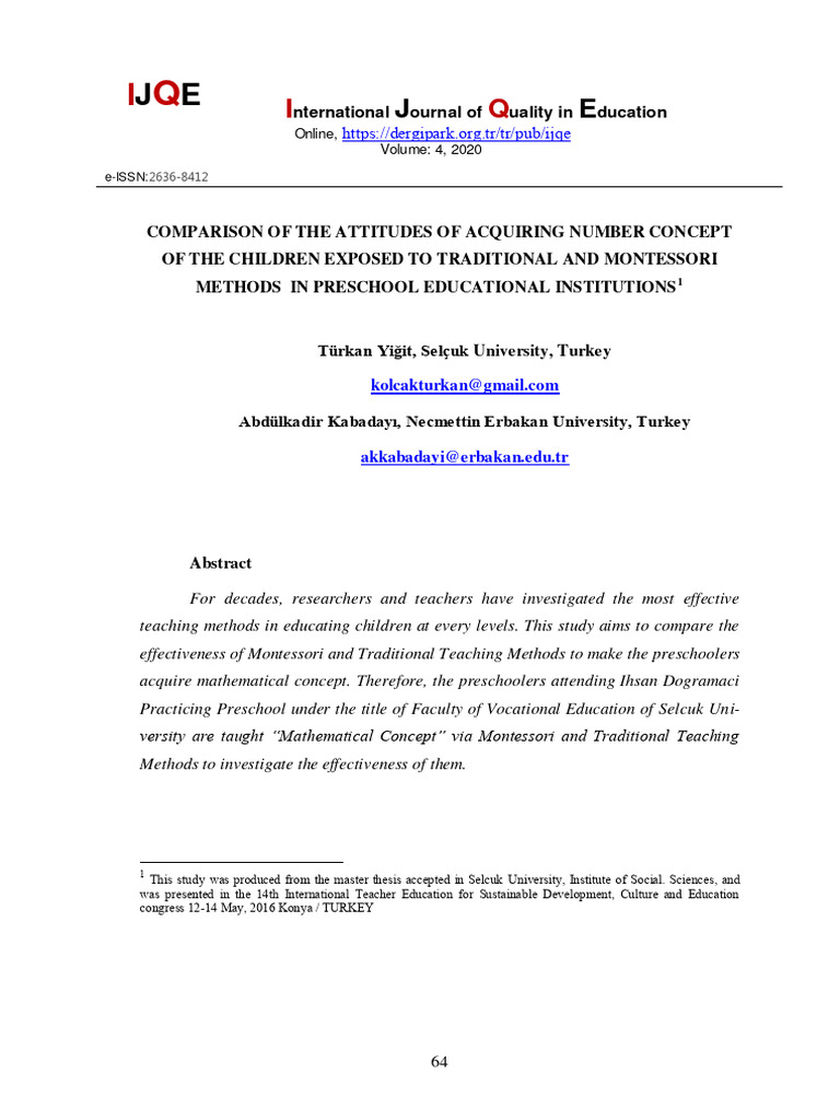 COMPARISON OF THE ATTITUDES OF ACQUIRING NUMBER CONCEPT OF THE CHILDREN EXPOSED TO TRADITIONAL ...