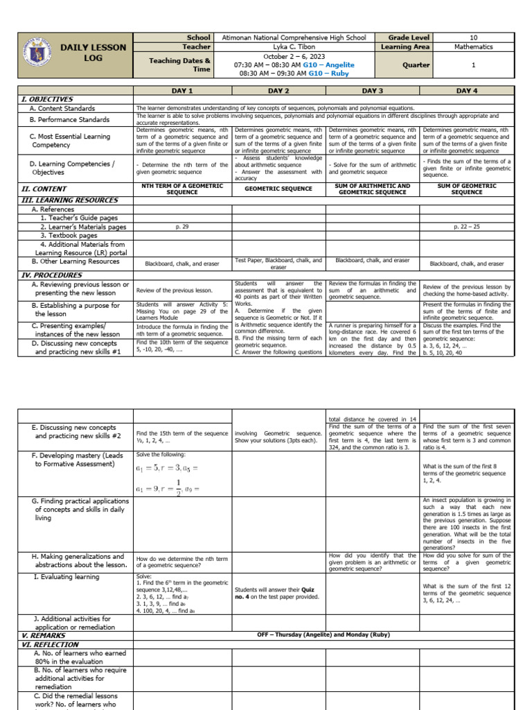 Grade 10 Math Lesson Plan: Sequences | PDF | Geometry | Sequence