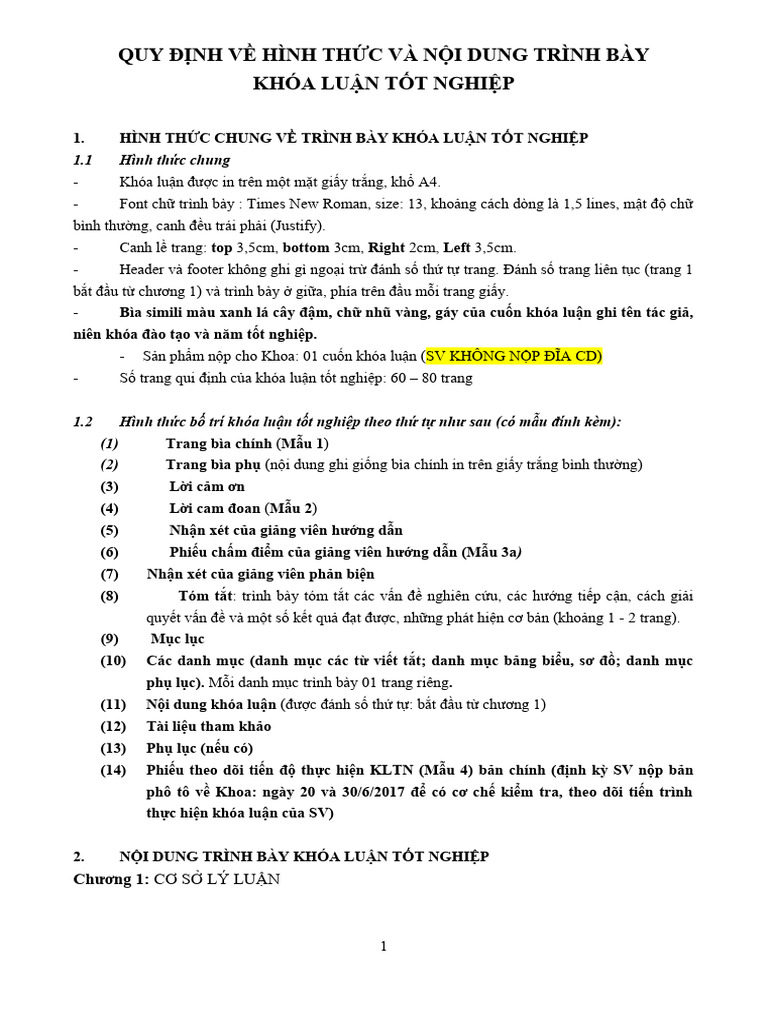 Quy Định Về Hình Thức Và Nội Dung Kltn- 2018 | PDF